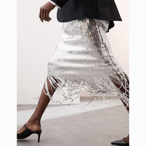 H&M | Skirts | Showstopper92s Flapper Style Silver Sequin Fringe Pencil ...